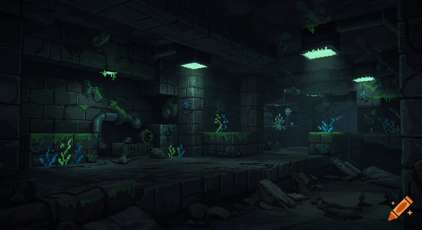 Pixel art underground ruin with glowing plants and green lights on Craiyon