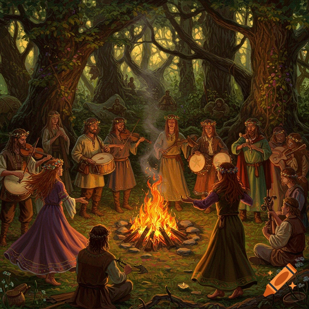 Illustration of a group of people celebrating a pagan festival in a ...