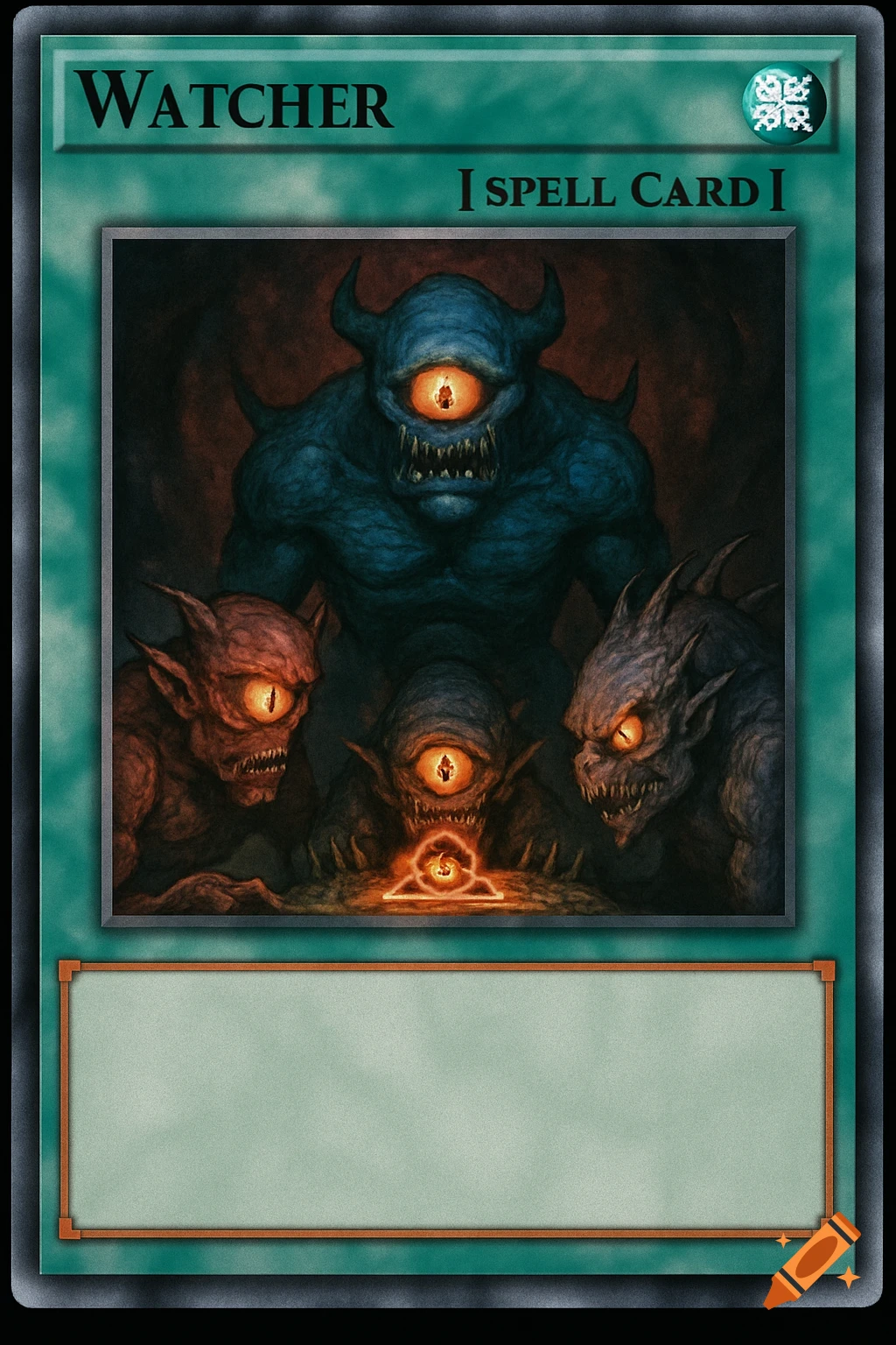 Yu-Gi-Oh style spell card featuring demonic cyclops creatures around an ...