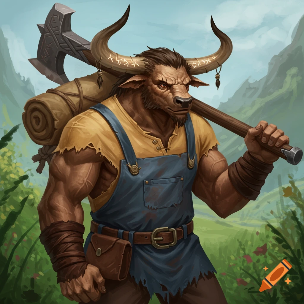 A muscular minotaur adventurer carries a large axe and bedroll over his ...