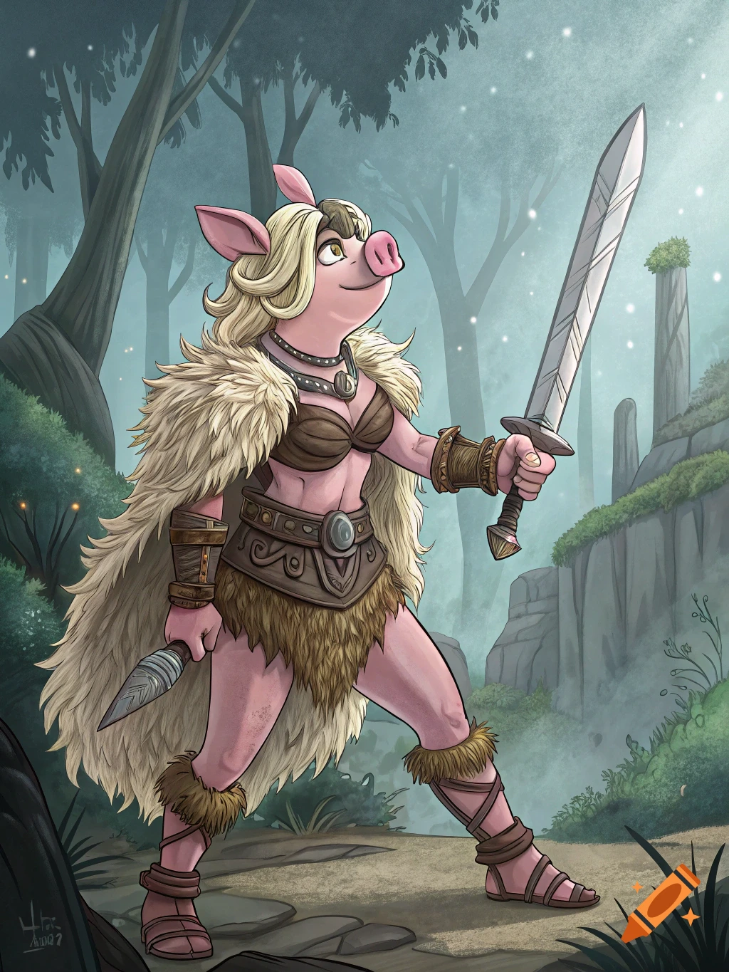 Cartoon pig barbarian holding a sword and dagger in a forest clearing ...