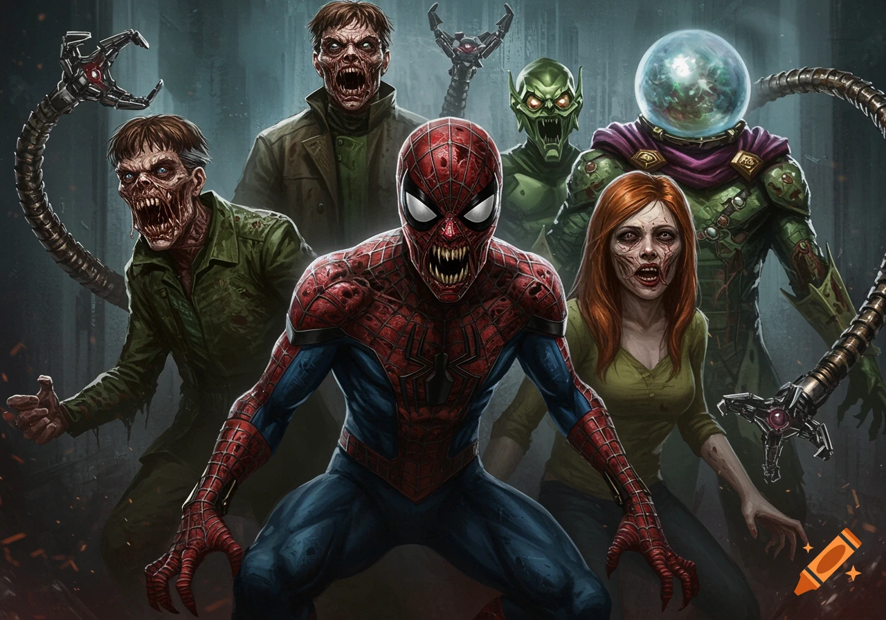 Horror illustration of zombie Spider-Man and villains: Green Goblin ...
