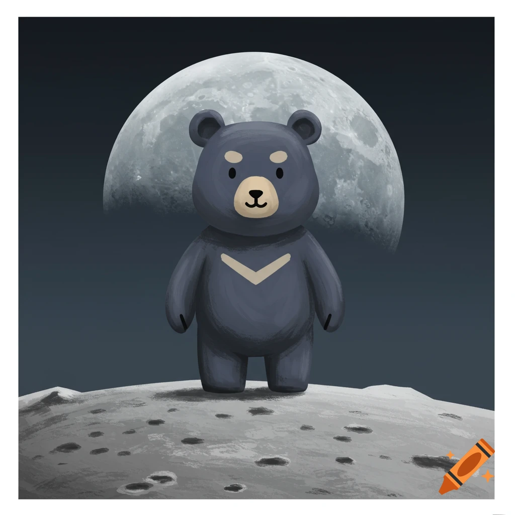 A cute painted bear stands on the moon with a large moon behind it. on ...