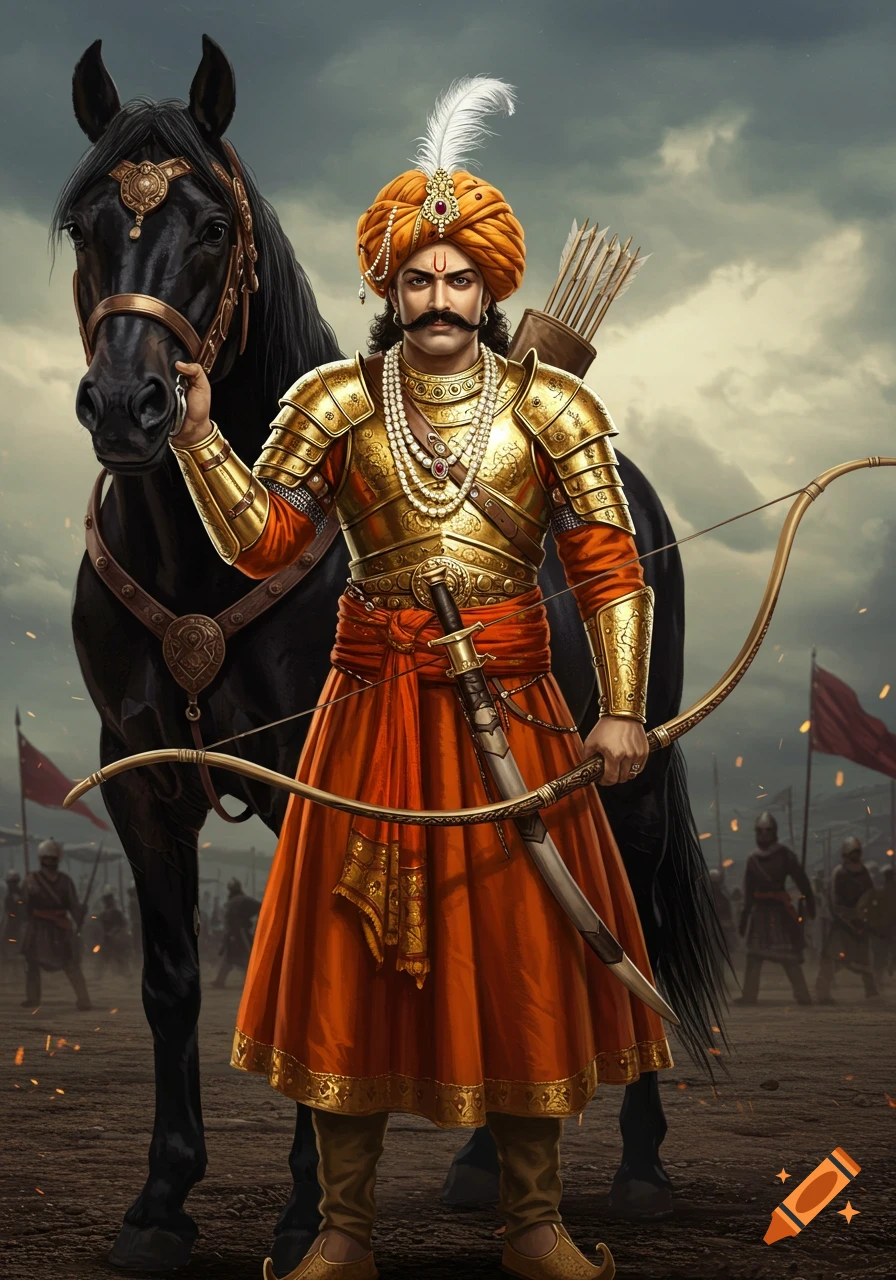 A Rajput warrior king in golden armor stands beside a black warhorse on ...