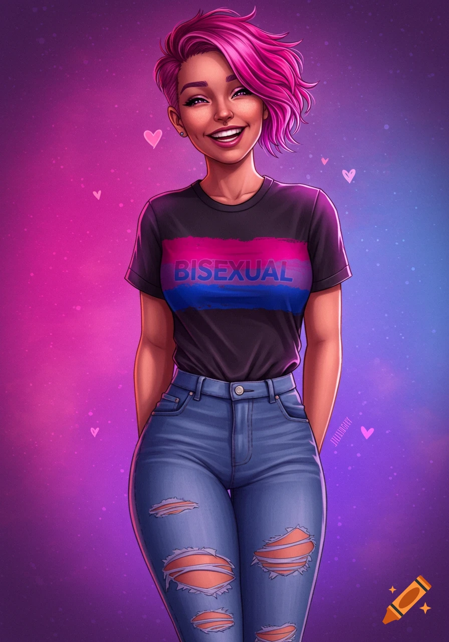 Cartoon portrait of a smiling woman with pink hair wearing a shirt that ...