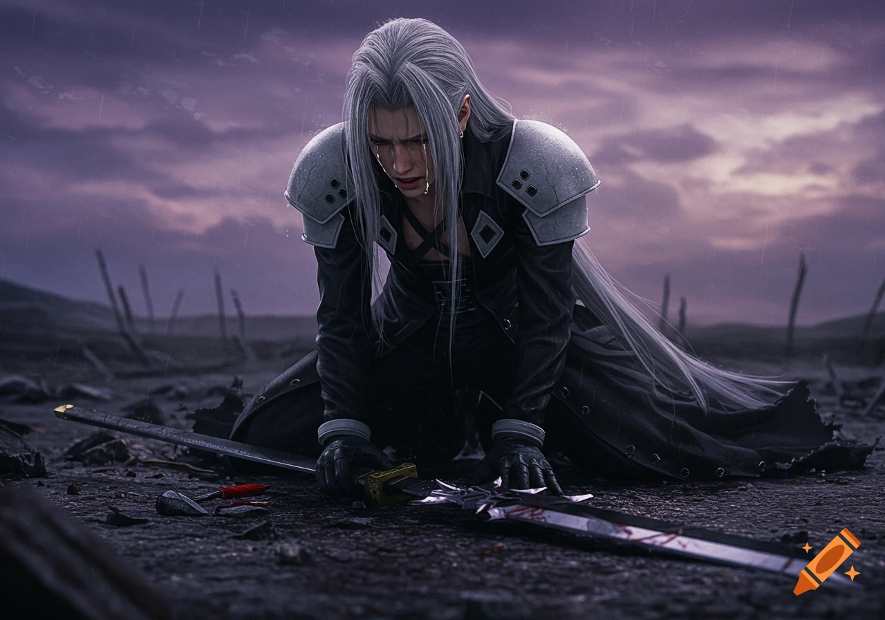 Digital painting of Sephiroth kneeling in the rain, crying over a ...