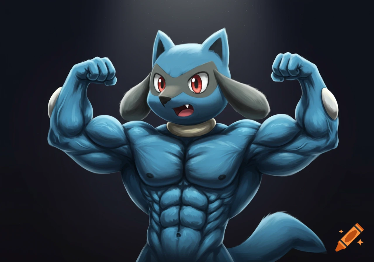 Illustration of a muscular blue Pokemon flexing its biceps on Craiyon