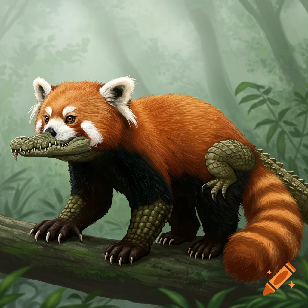 An Illustration Of A Red Panda Creature Hybrid With Crocodile Features