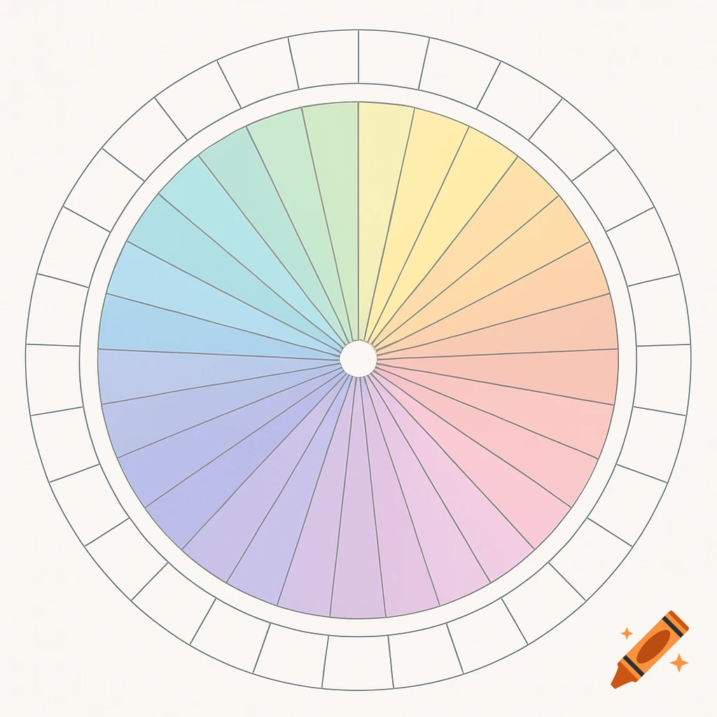 Pastel color wheel with 24 segments and outer ring of blank boxes on ...