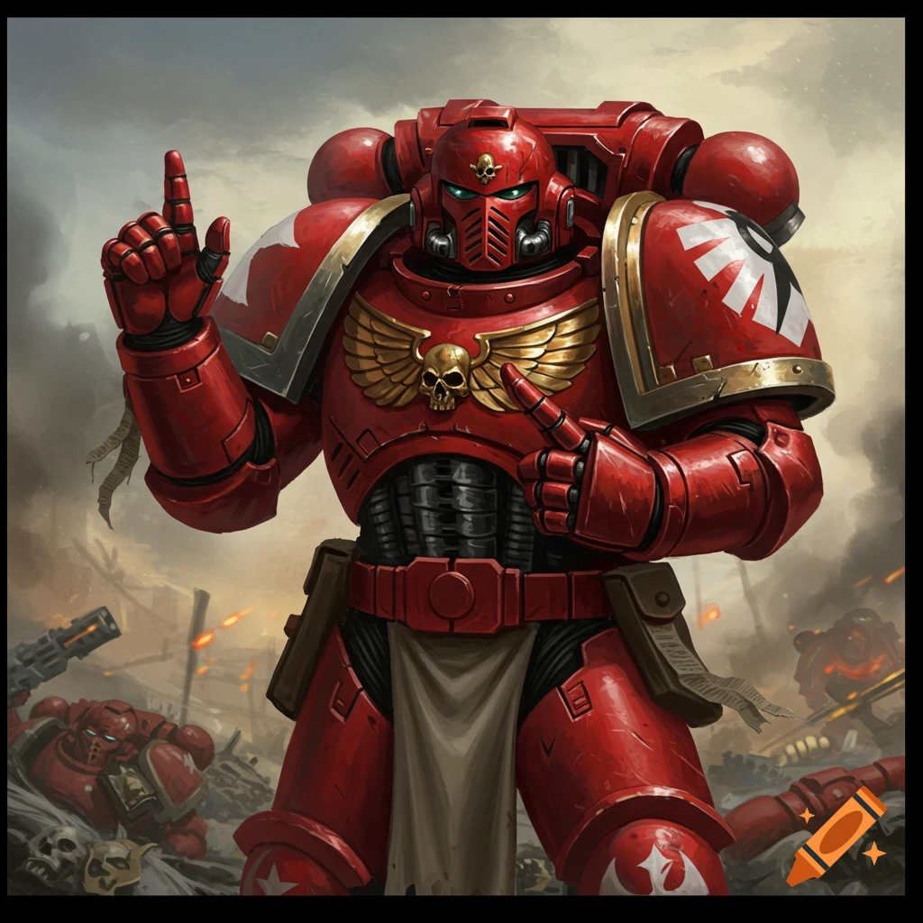 A red armored Warhammer 40k Blood Angel space marine making hand ...