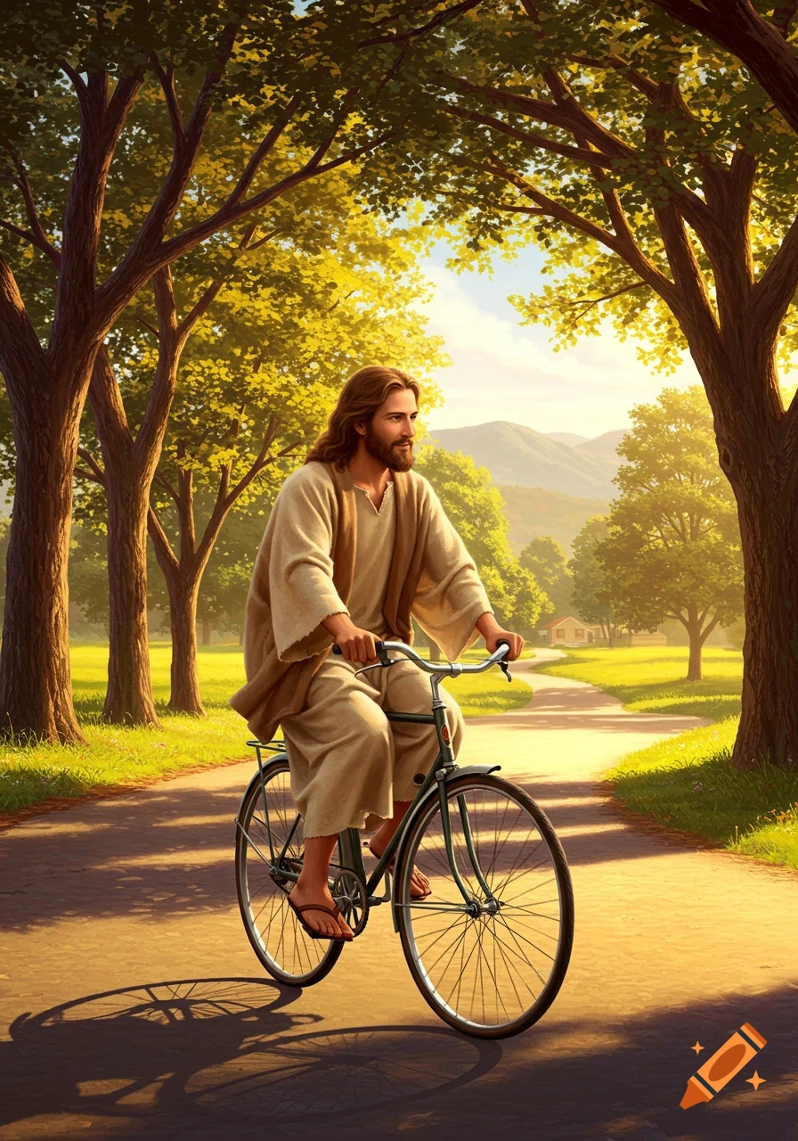 Jesus rides a bicycle down a sunlit path lined with trees. on Craiyon