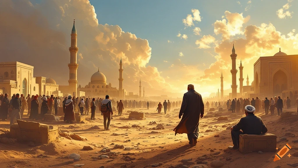 Large crowd walks through a sandy square towards buildings and minarets ...