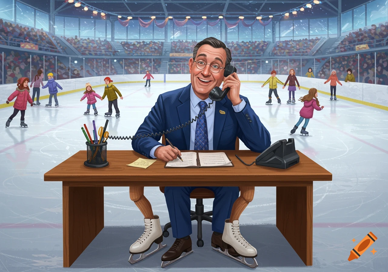 Illustration of a man with ice skate legs working at a desk on an ice ...