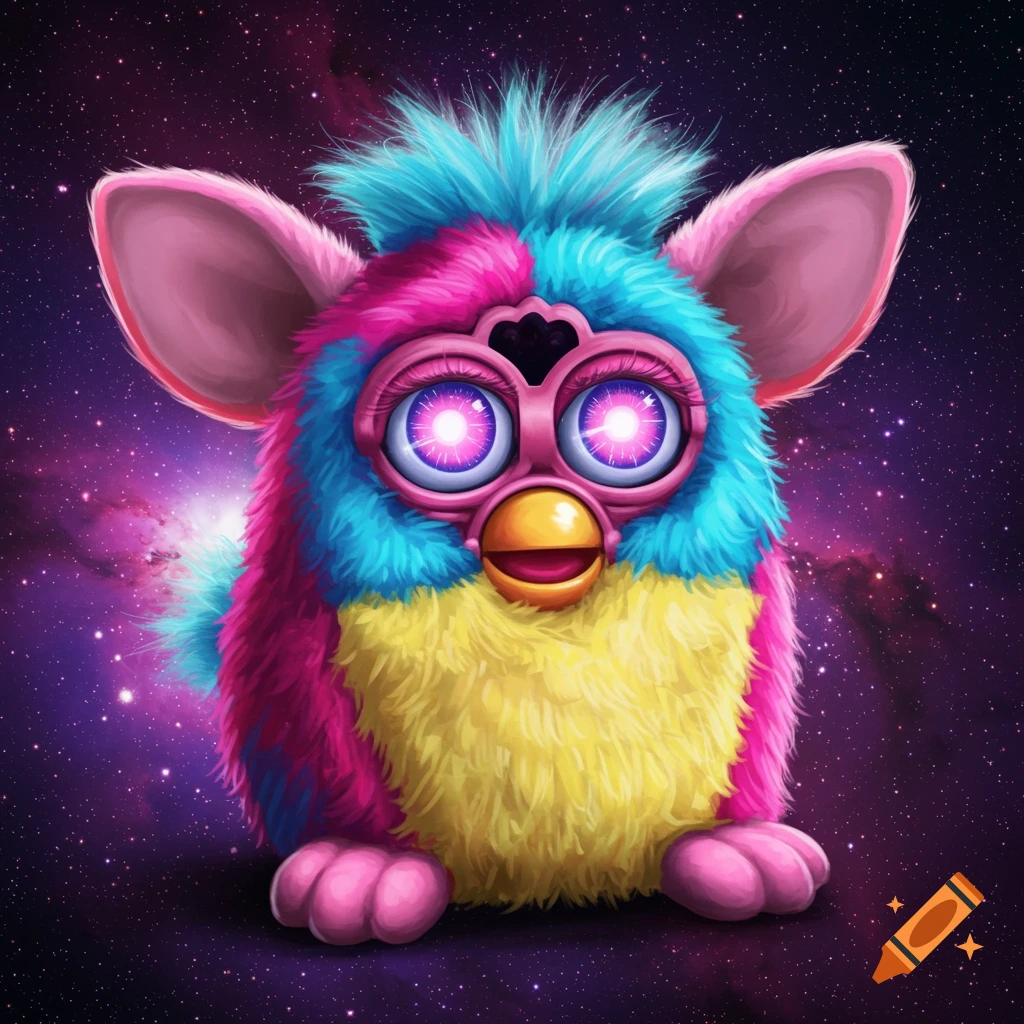 A colorful, fluffy creature resembling a Furby with glowing eyes sits ...