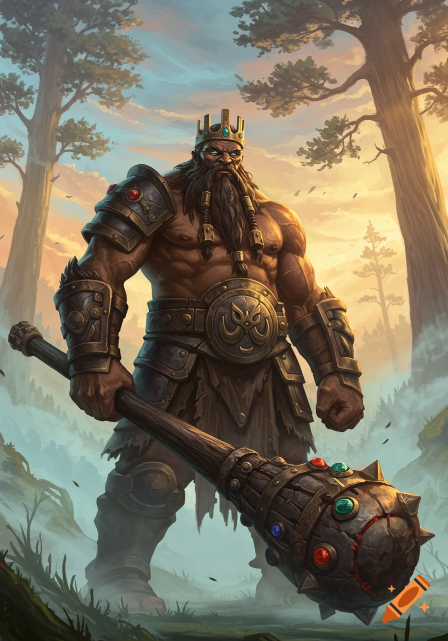 A giant king with a crown, armour, and a large club stands in a forest ...