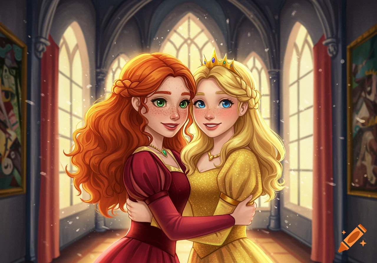 Two cartoon princesses, one with red hair and one with blonde hair, hug ...