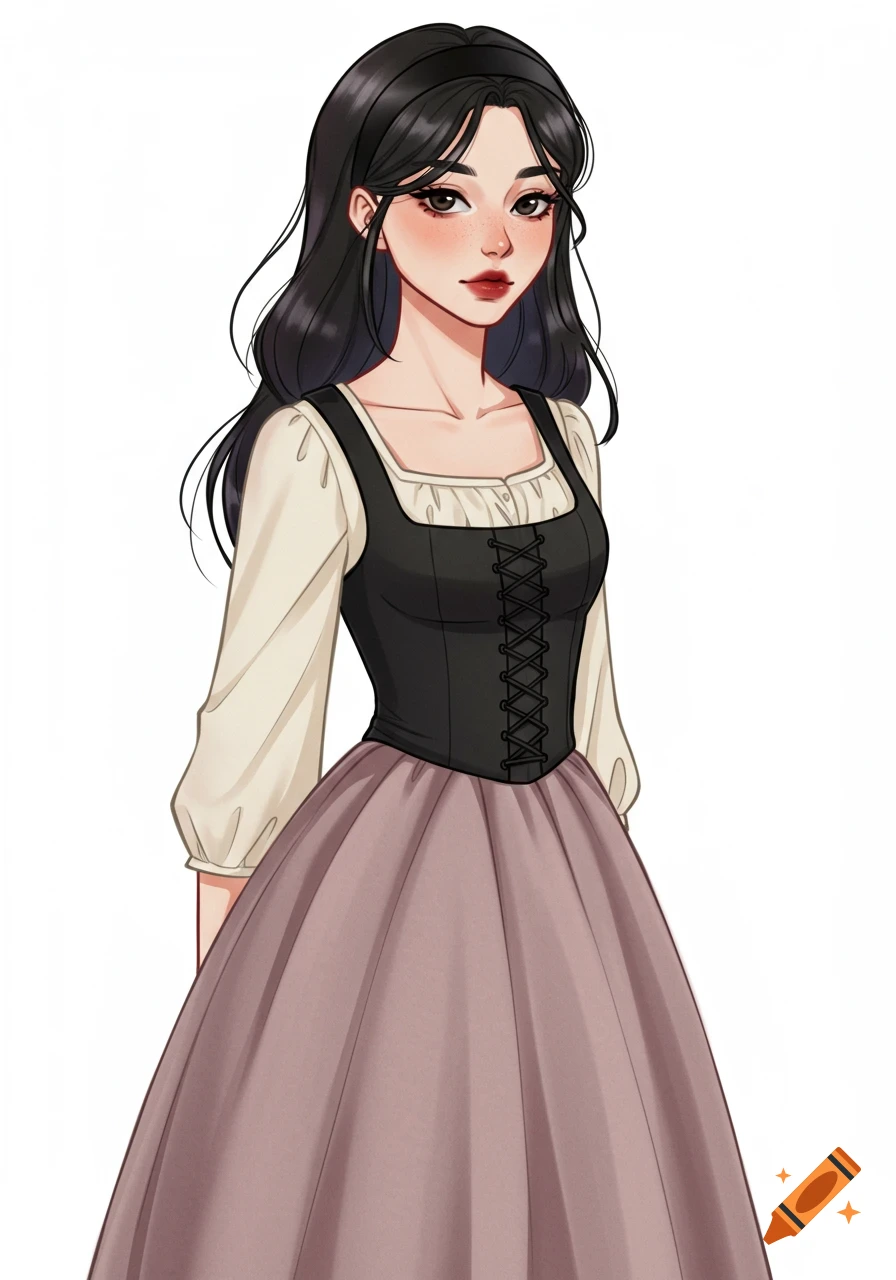 Young woman in a peasant dress with a bodice and skirt, in webtoon art ...