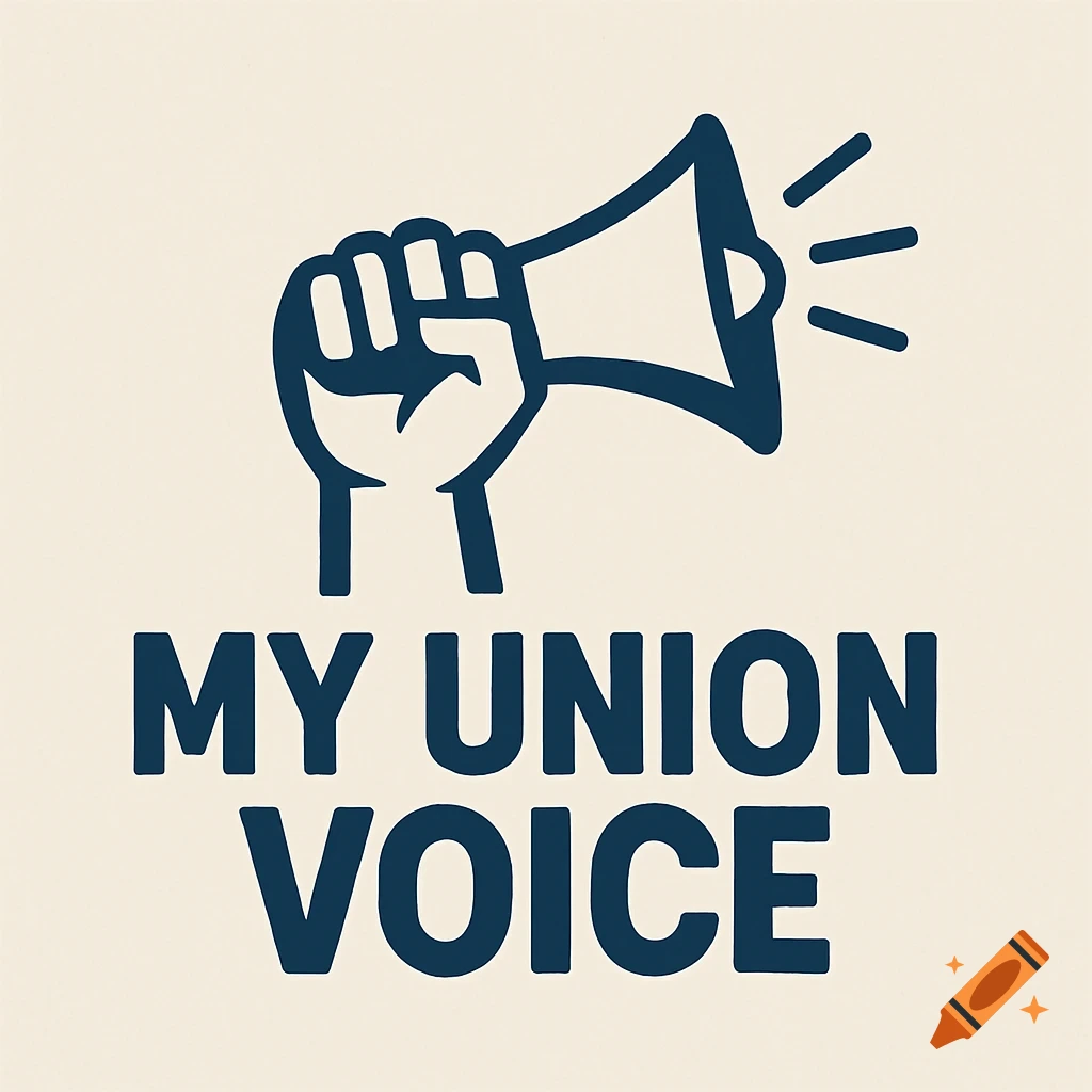 Logo with a raised fist holding a megaphone and the text MY UNION VOICE ...