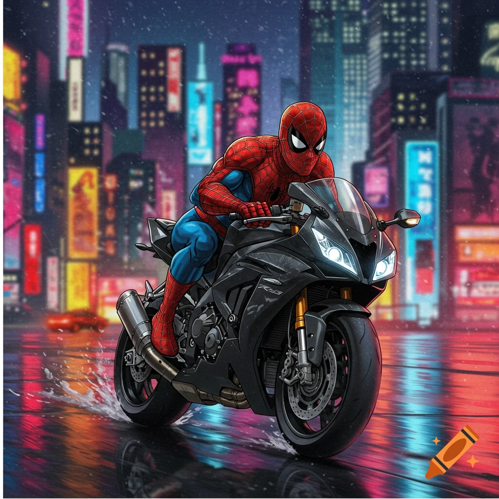Spider-Man rides a black motorbike through a rainy, neon-lit city ...