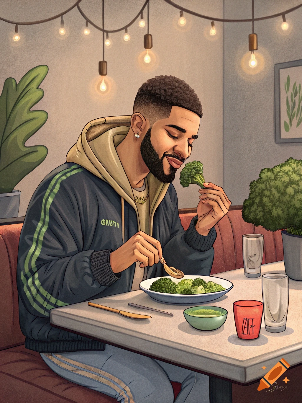 Illustration of a man eating broccoli at a table in a restaurant ...