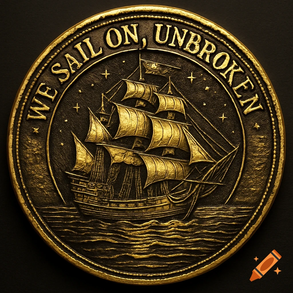 Gold coin with a pirate ship and the text 'We Sail On, Unbroken' around ...