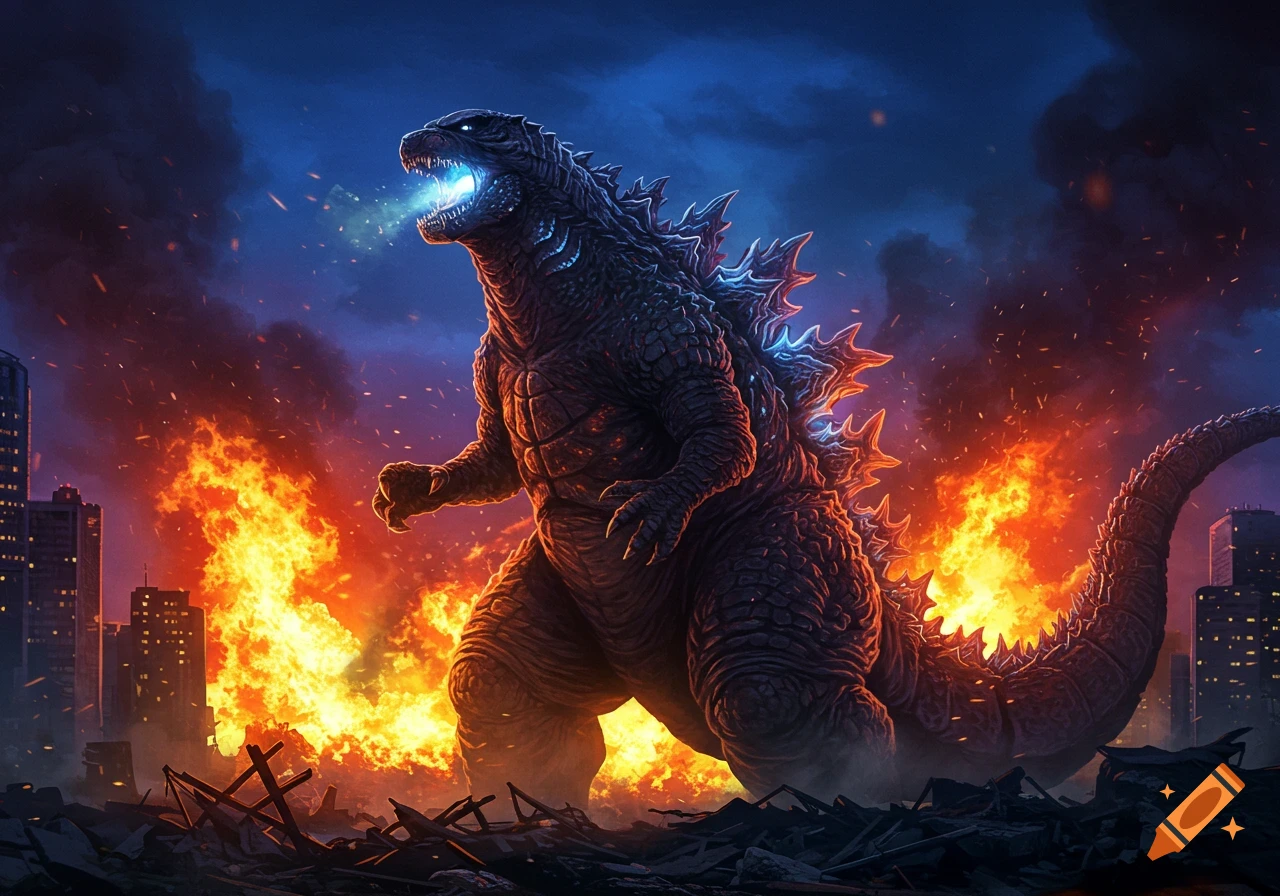 Godzilla breathes blue fire while destroying a burning city at night ...
