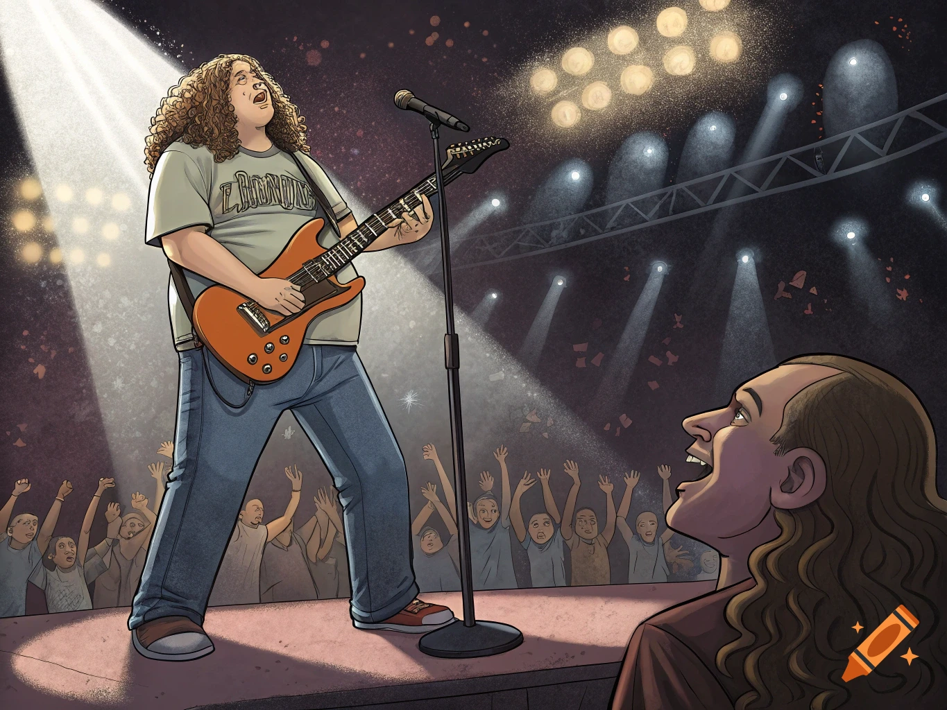 Cartoon of Weird Al playing guitar on stage for a crowd. on Craiyon
