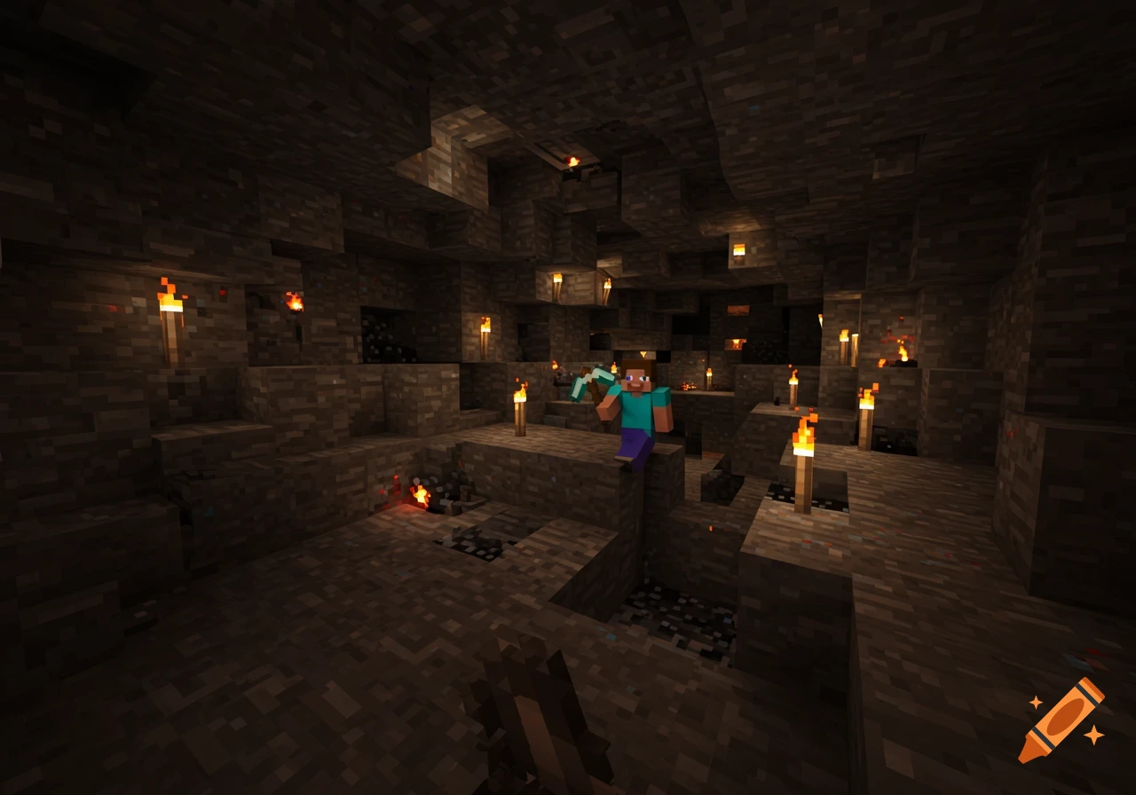 A Minecraft character explores a cave lit by torches, mining ore. on Craiyon