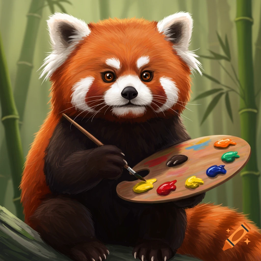 A red panda sits among bamboo holding a paint palette and brush ...