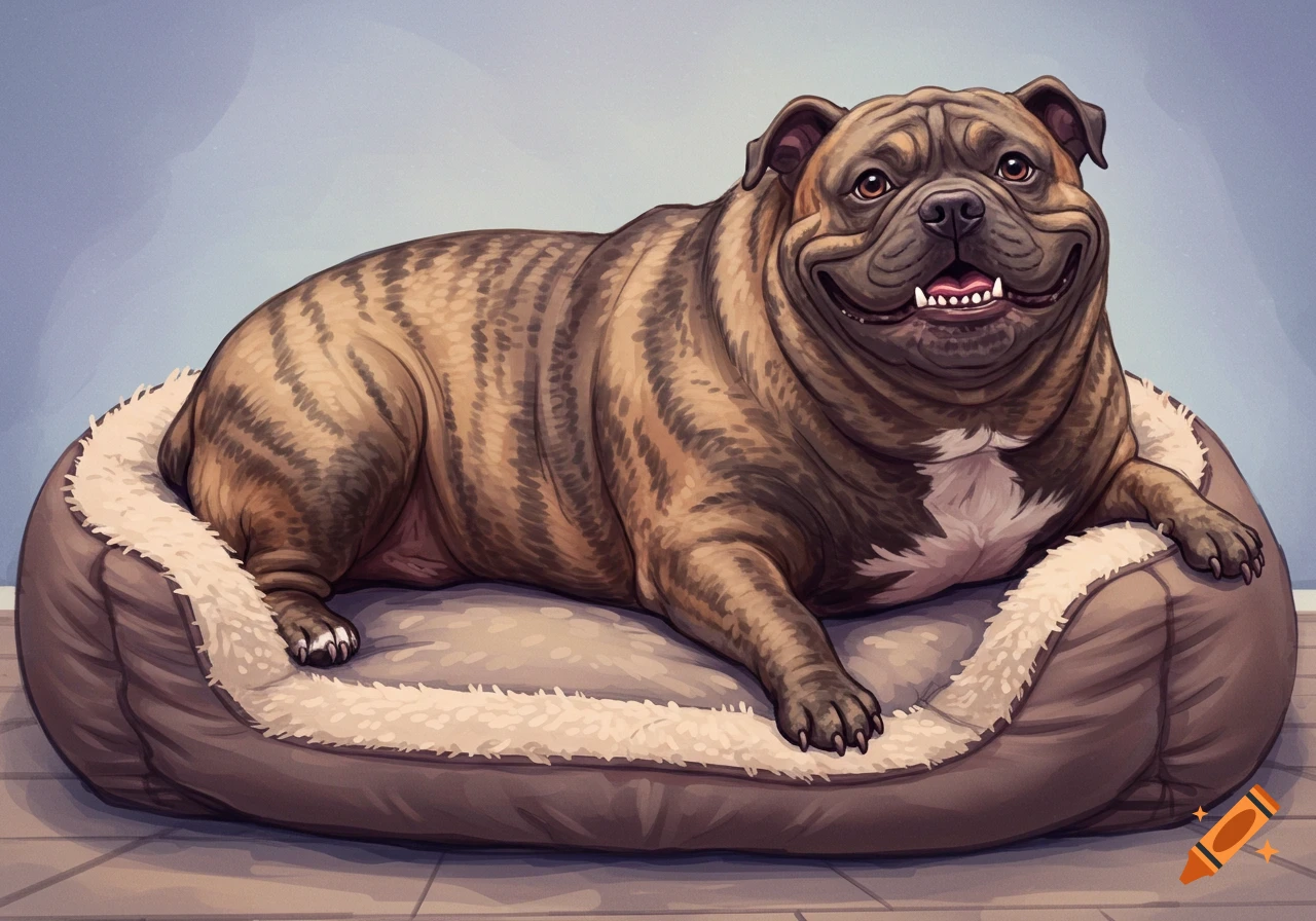 A cartoon illustration of a large, striped brindle bulldog lying ...