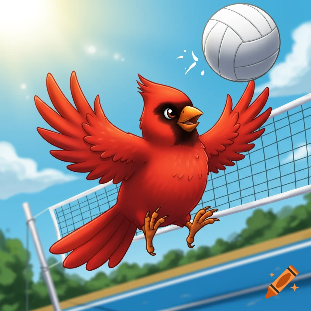 A cartoon red cardinal spikes a volleyball over a net on an outdoor ...