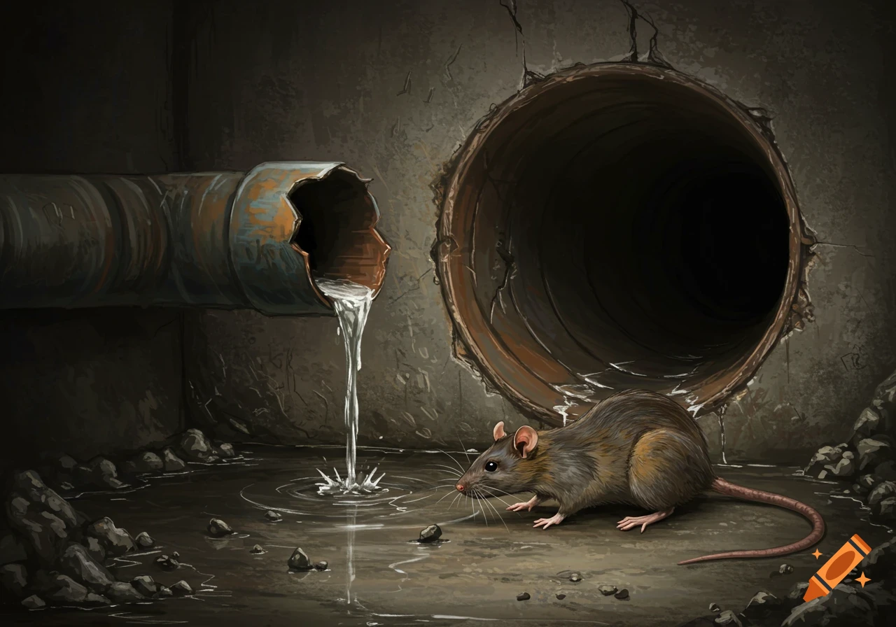 A brown rat stands beside a broken pipe leaking water into a muddy ...