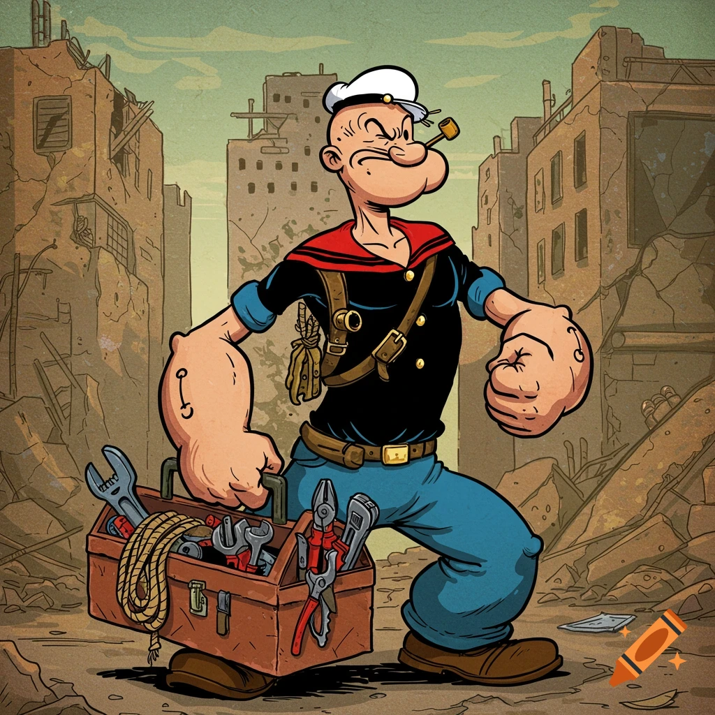 Cartoon of Popeye carrying a toolbox through a ruined city. on Craiyon