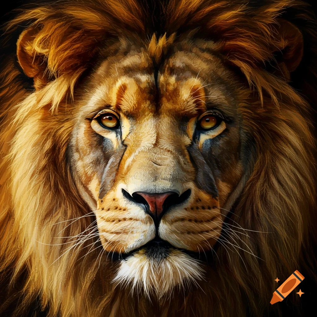 Close-up portrait of a lion's face with a full mane, detailed style. on ...