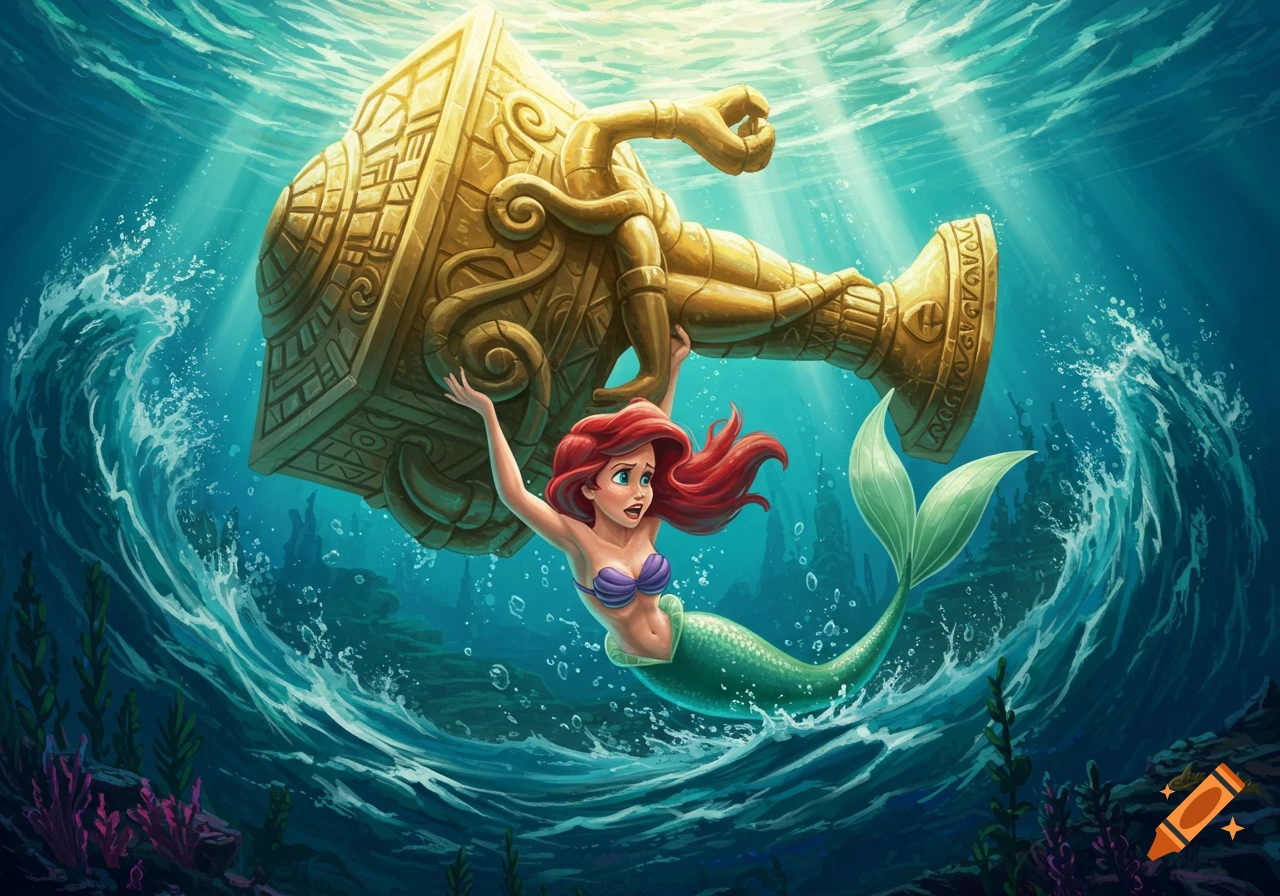Cartoon illustration of Ariel the mermaid struggling to hold up a large ...