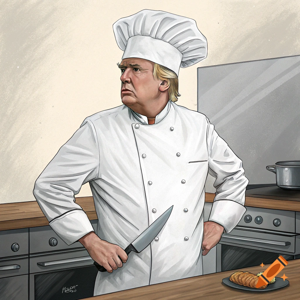 Illustration of Donald Trump wearing a chef hat in a kitchen holding a ...