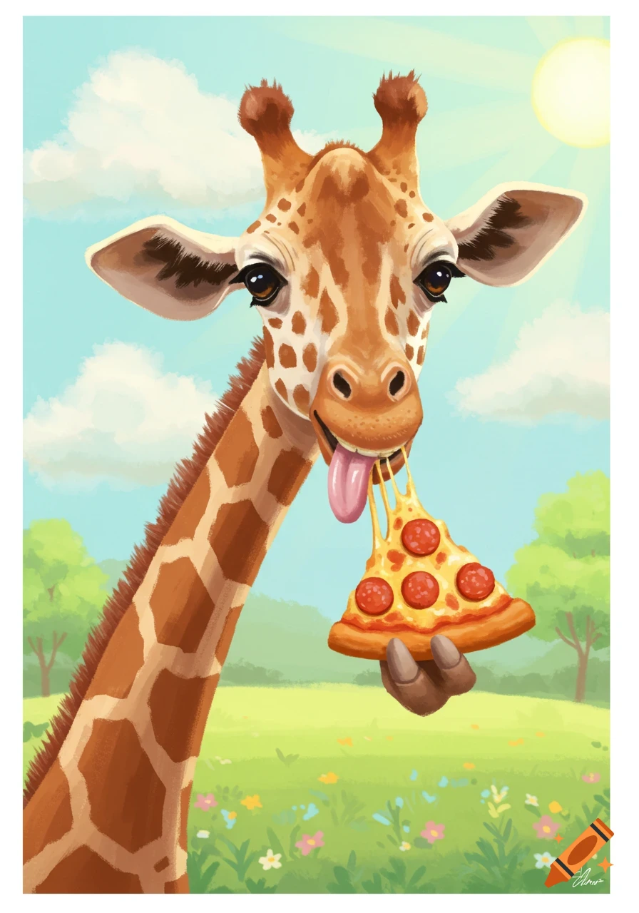 Cartoon illustration of a giraffe eating a slice of pepperoni pizza ...
