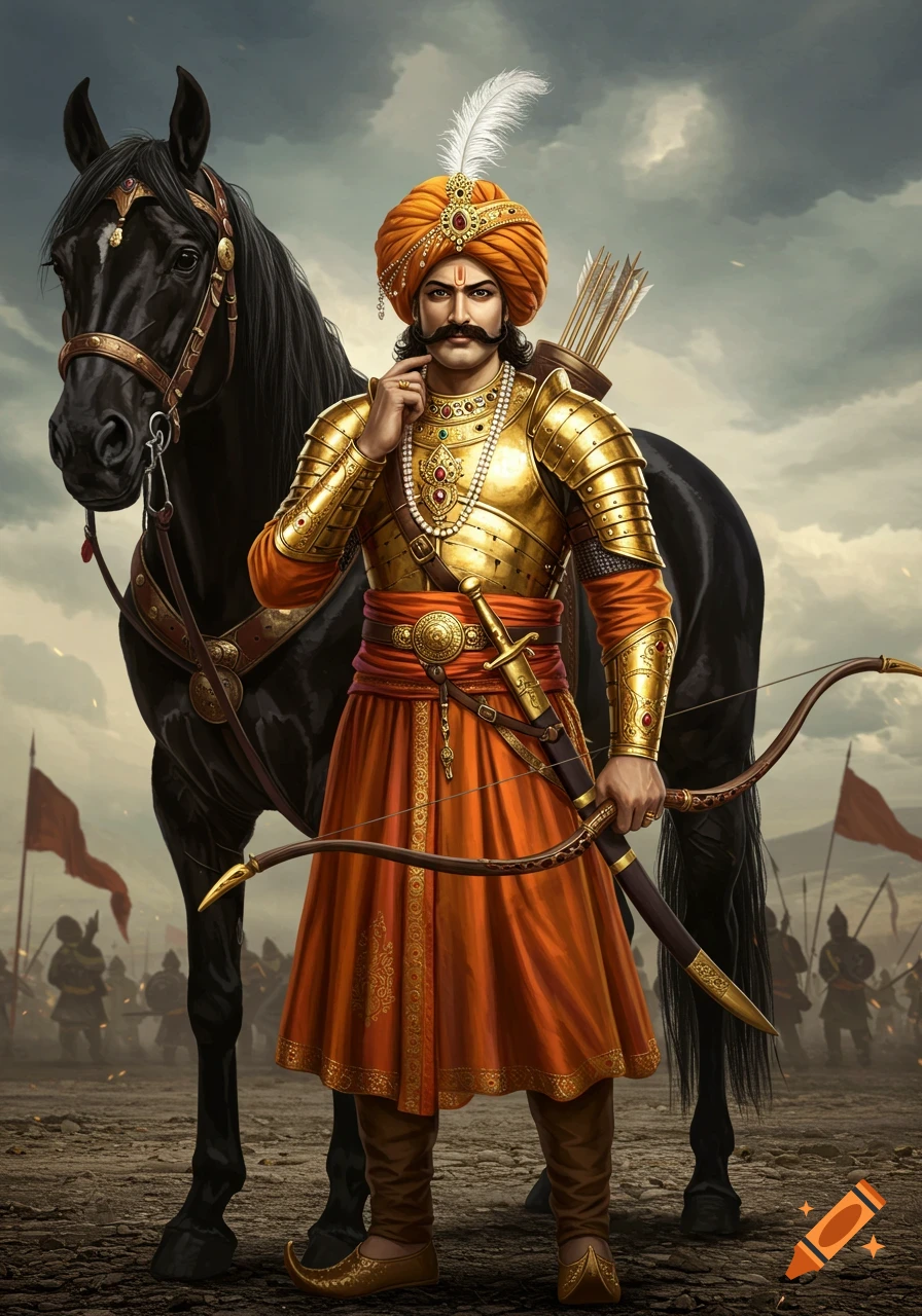 A Rajput warrior king in golden armor and orange turban stands beside a ...