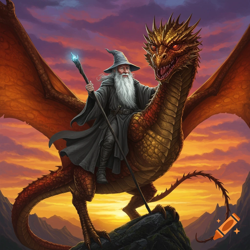 A wizard with a long beard rides a red dragon against a sunset sky over ...
