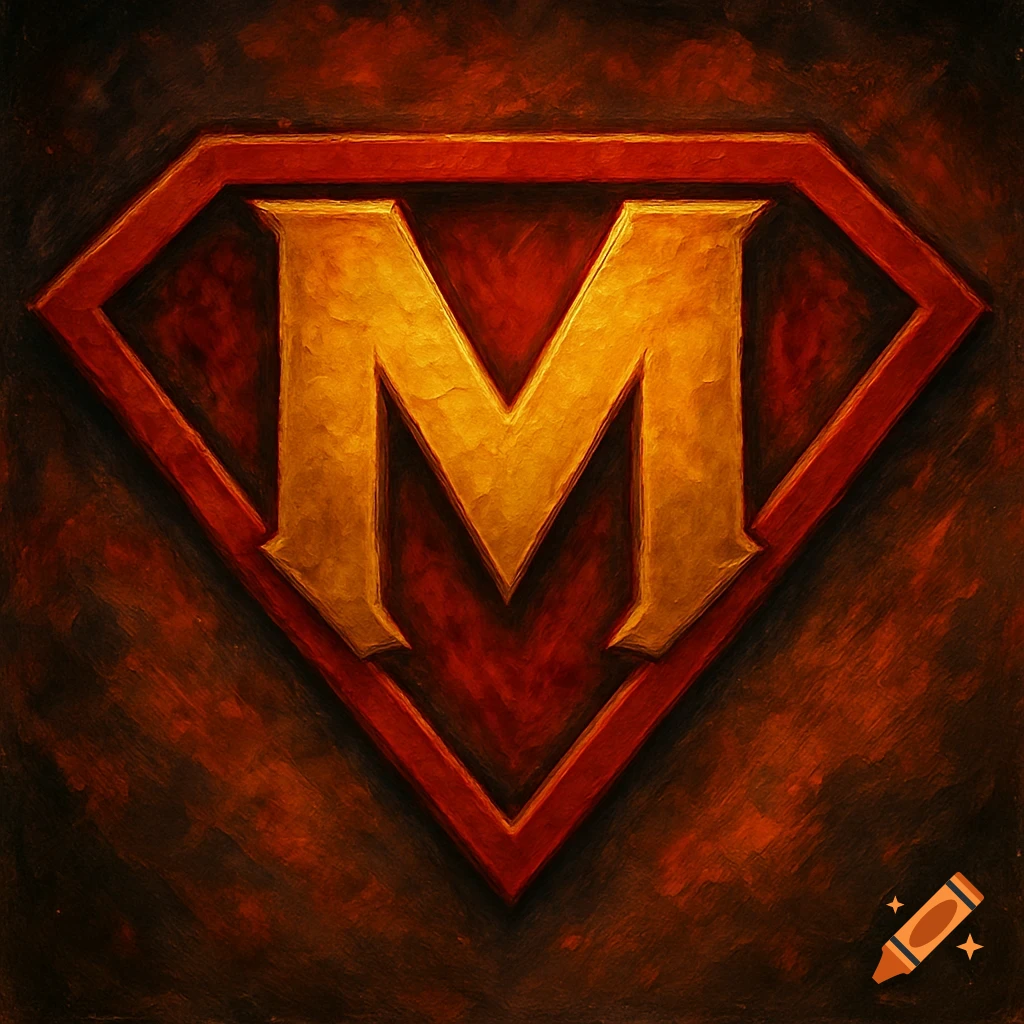 A gold letter M inside a red diamond shield logo, rendered in a painted ...