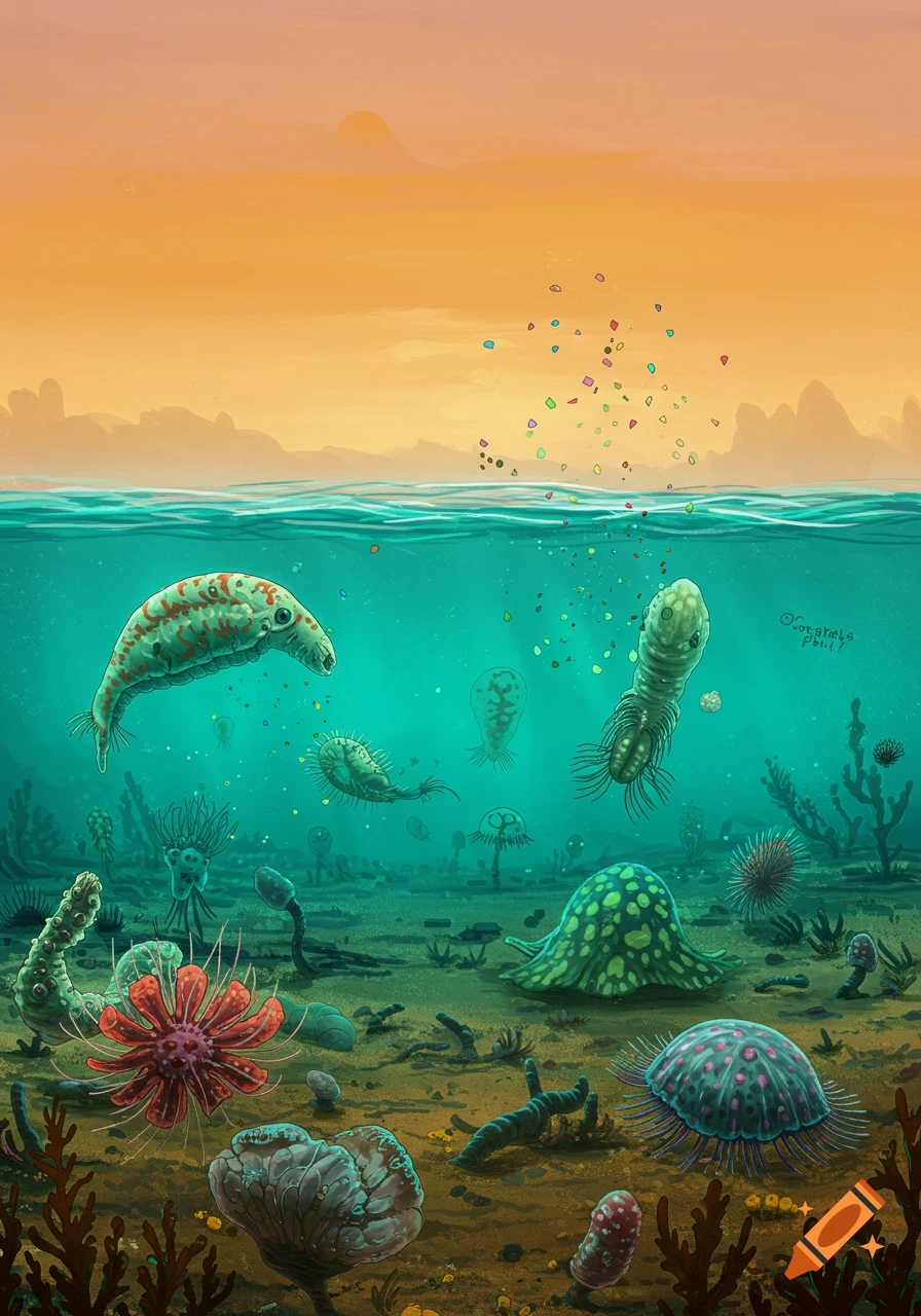 Illustration of diverse strange Ediacaran marine life underwater with a ...