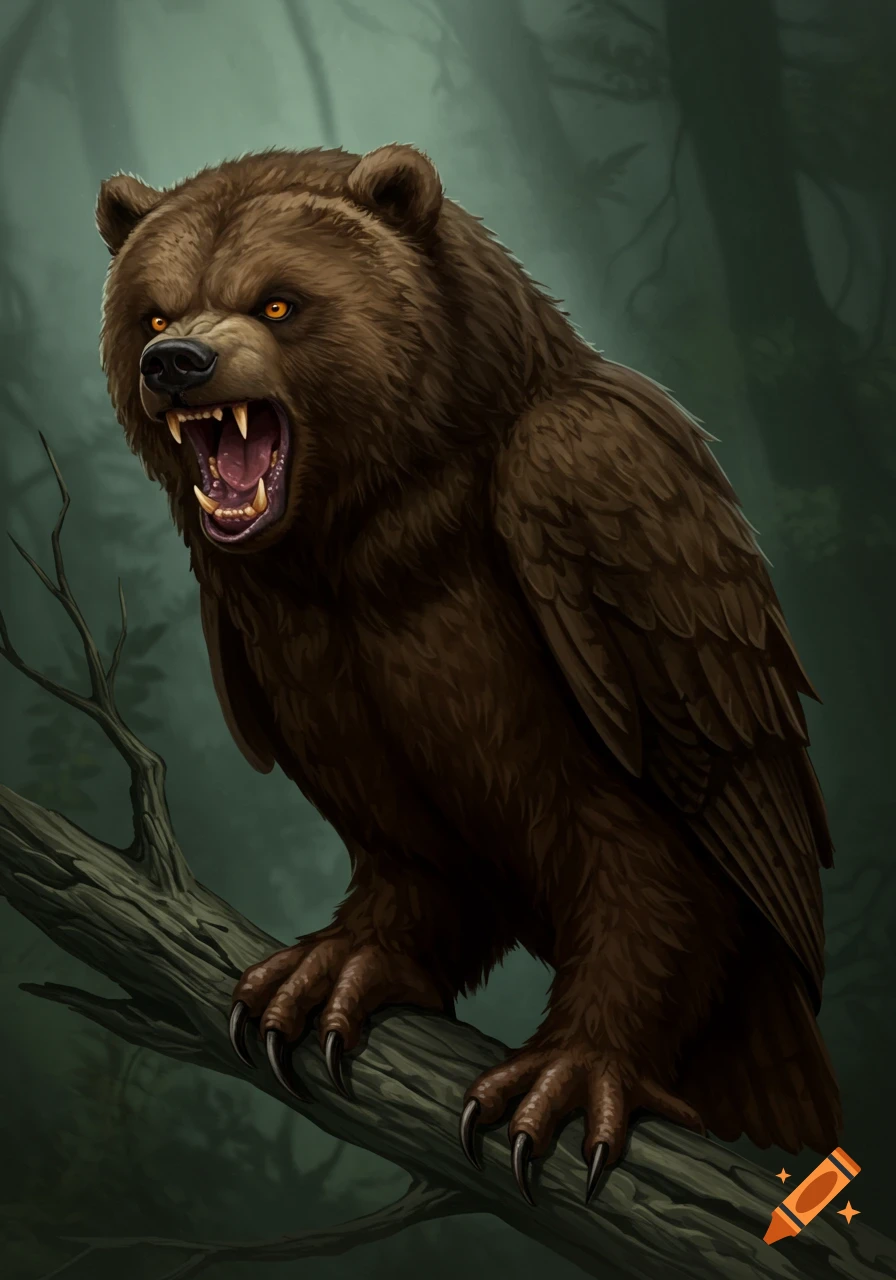 A fantasy illustration of a hybrid creature with a bear head and owl ...