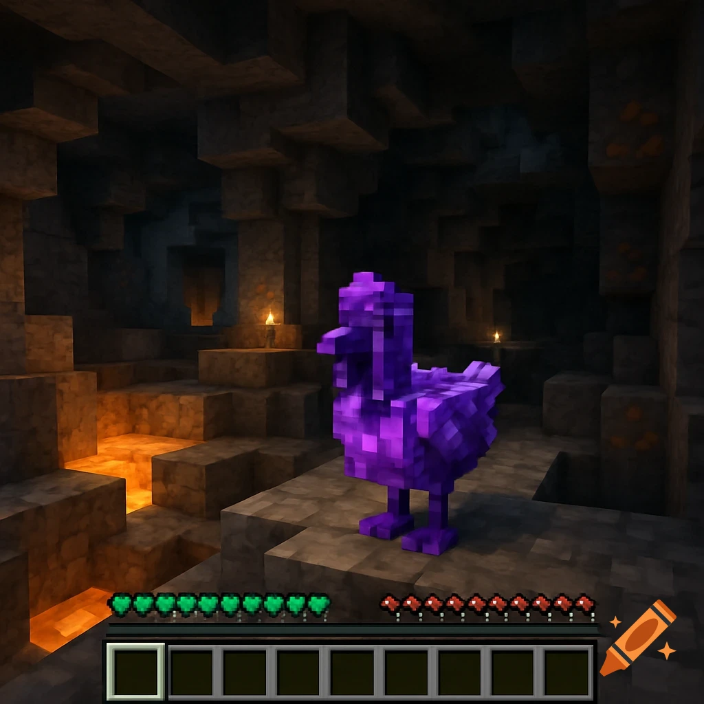 Purple pixelated chicken in a Minecraft cave with lava and UI. on Craiyon