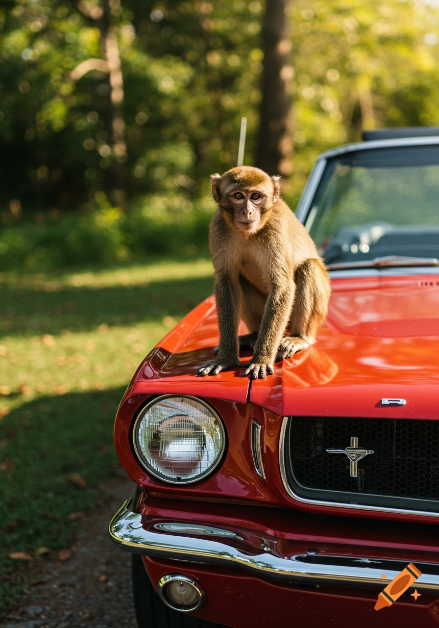A monkey sits on the hood of a red classic car outdoors on Craiyon