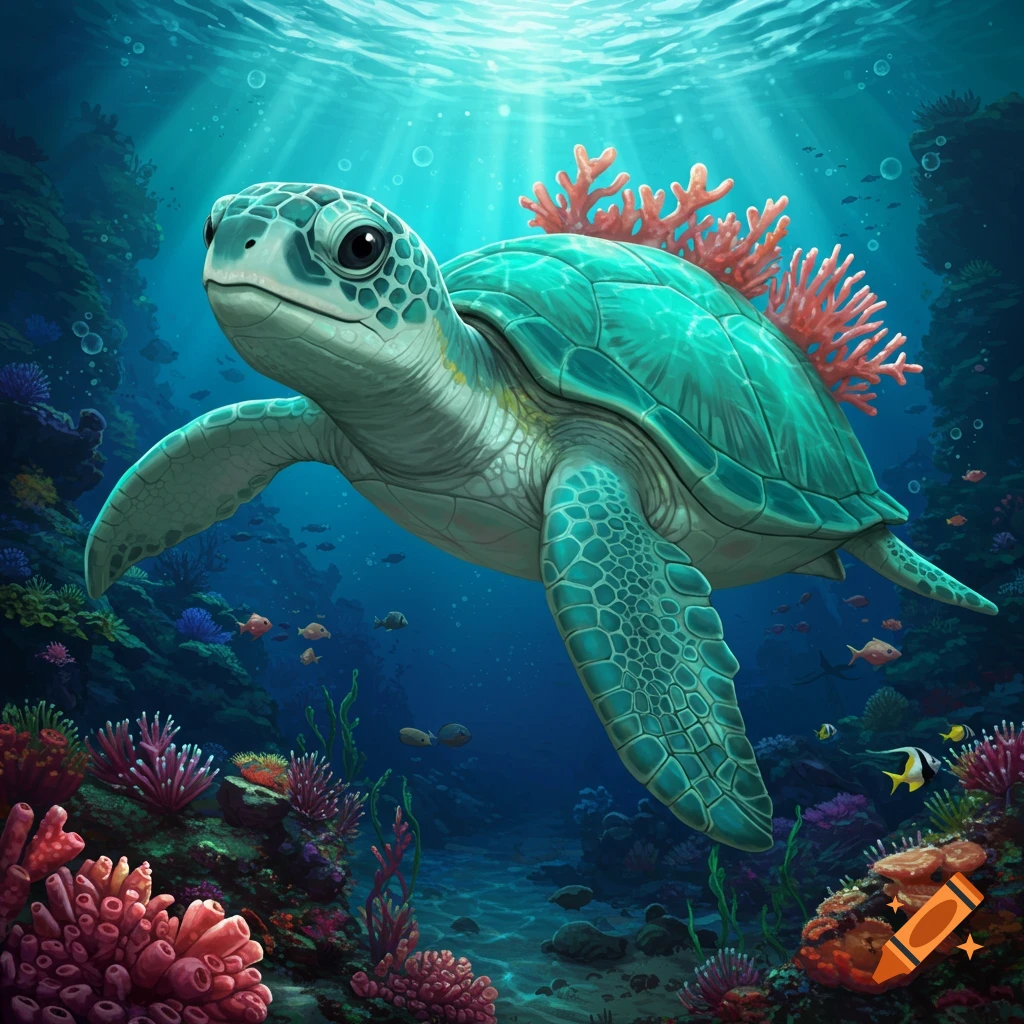 Illustration of a sea turtle swimming underwater with coral on its ...