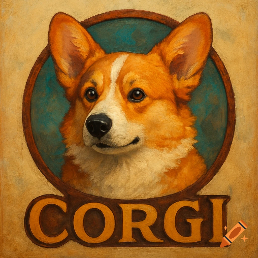Painterly portrait of a corgi dog in a circular frame with the word ...