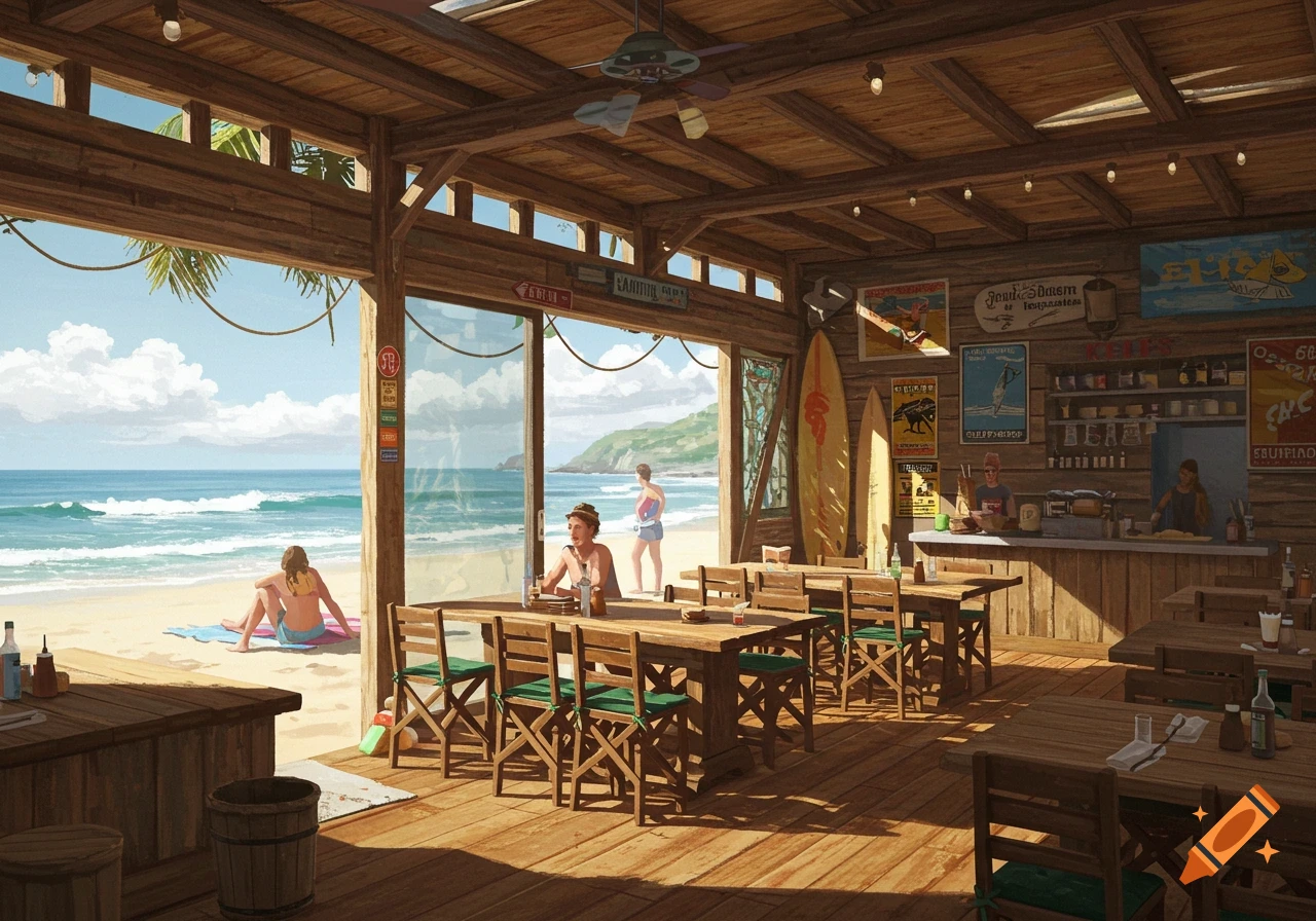 Interior view of a beach restaurant with tables, surfboards, and people ...