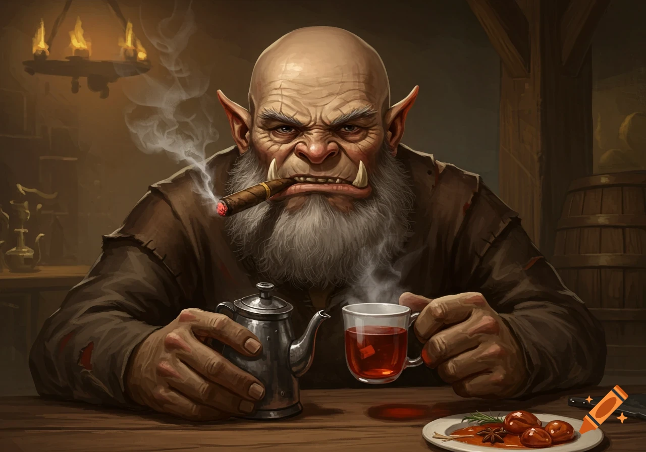 An old, grumpy orc with a beard smokes a cigar and holds a teapot and ...