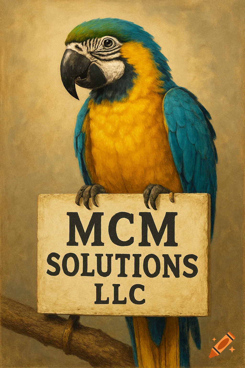 A painted blue and yellow macaw parrot holds a sign that reads MCM SOLUTIONS LLC on Craiyon