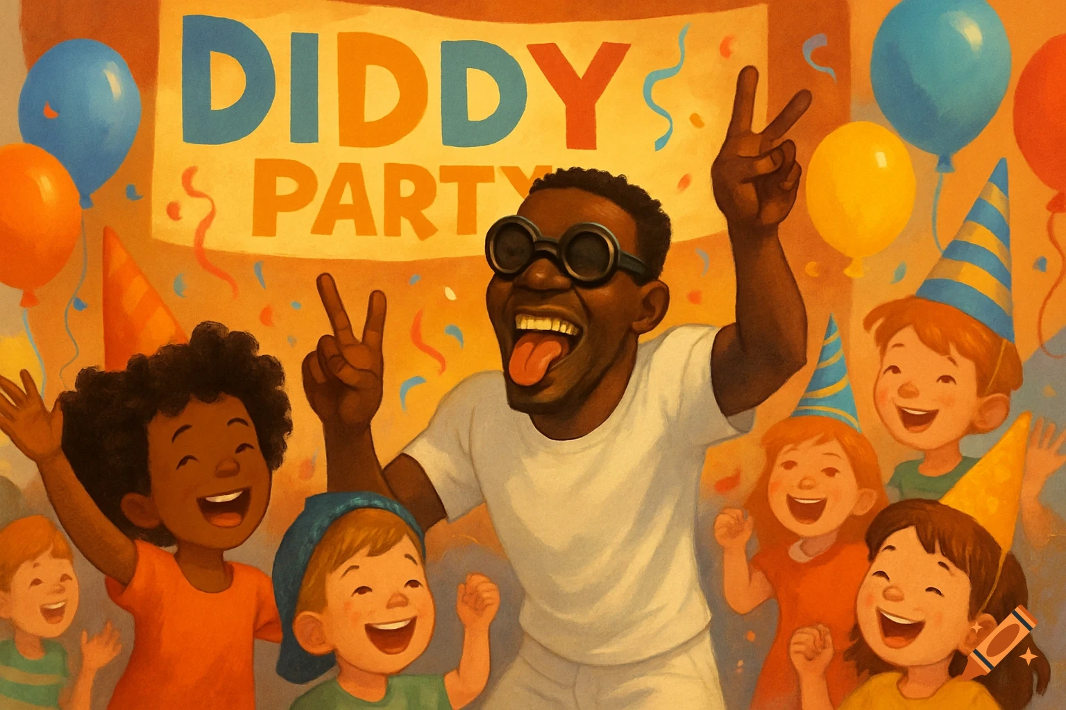 Illustrated scene of a man and children celebrating at a Diddy Party ...